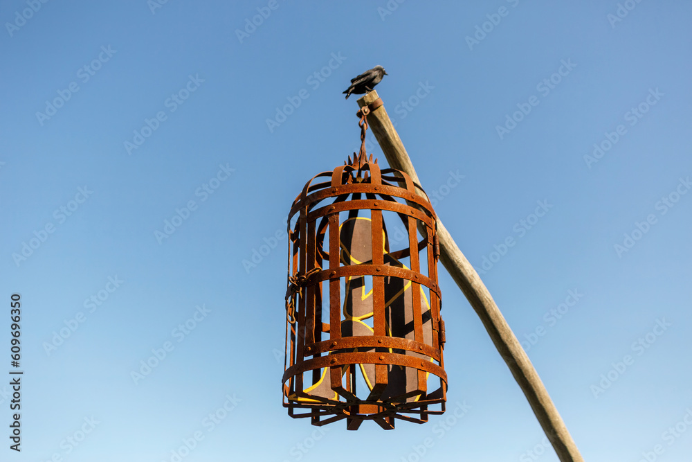 Sculpture of a cage at the river Inn at Schärding, austria. The ...