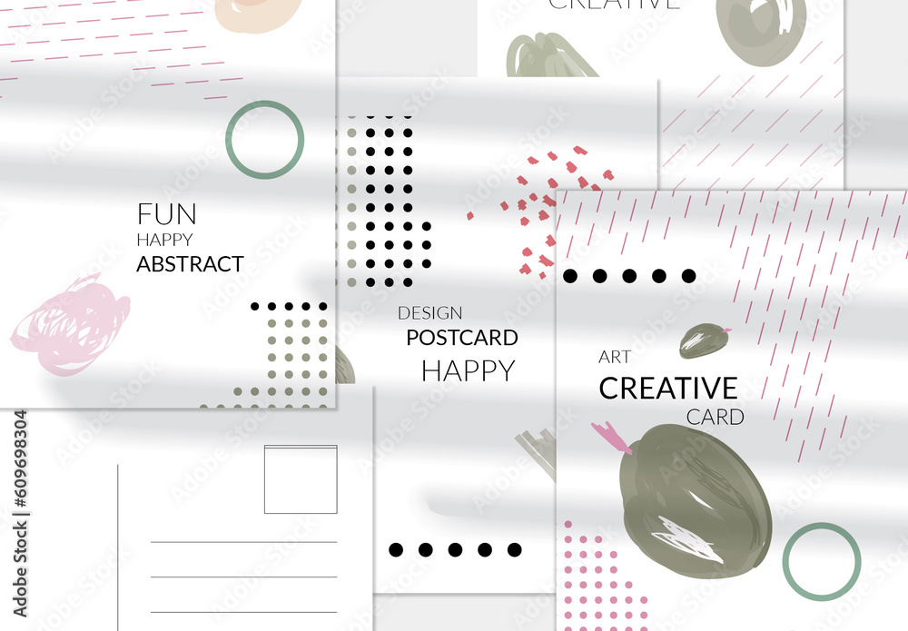 Postcard Layout with Hand Drawn Abstract Floral Doodles and Geometric ...