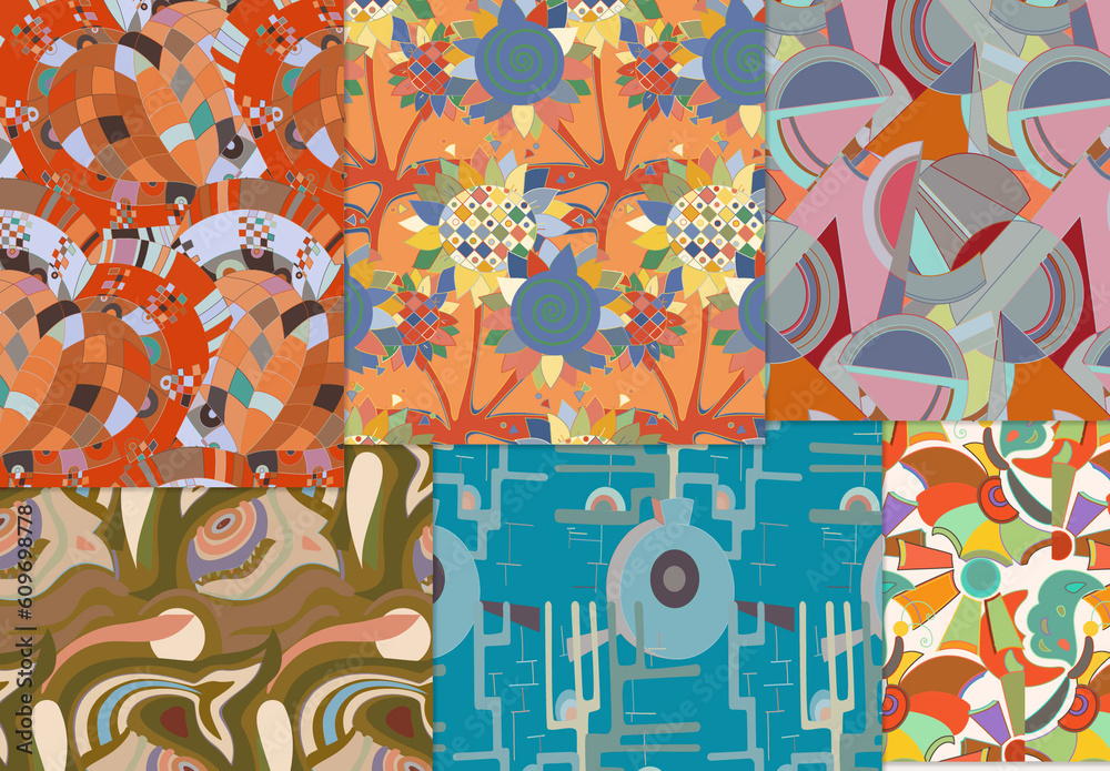 Set of Abstract Seamless Patterns with Cubism Art Elements and Graffiti ...