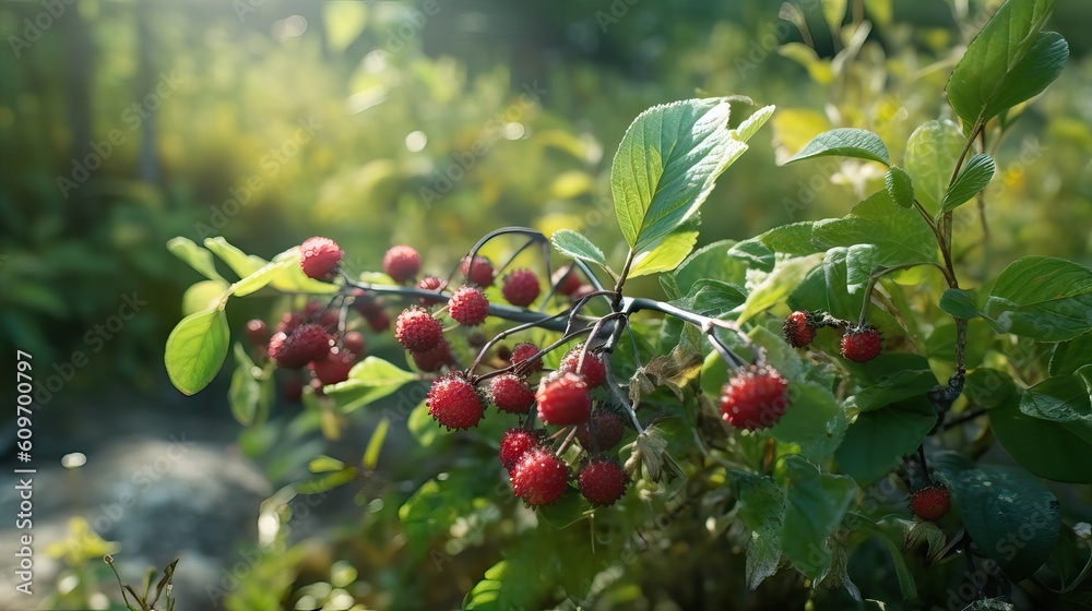 Illustration of a delightful berry bush in the middle of vegetation, an ...