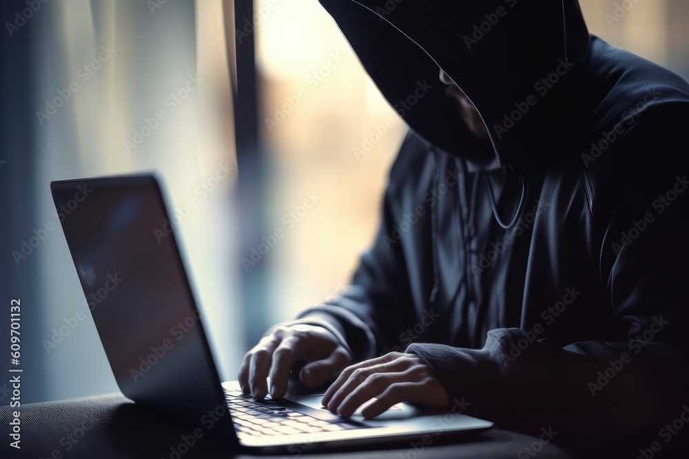Hacker Stealing Data From Laptop Computer Cybercrime Concept Generative Ai Stock Illustration