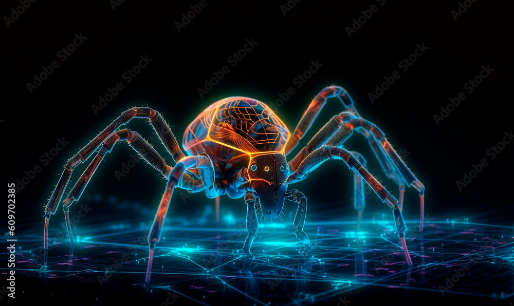 Cyberspider on digital glowing web background. Purple 3d techno insect ...