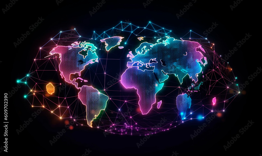 Neon digital earth map background. Glowing 3d generative AI purple ...