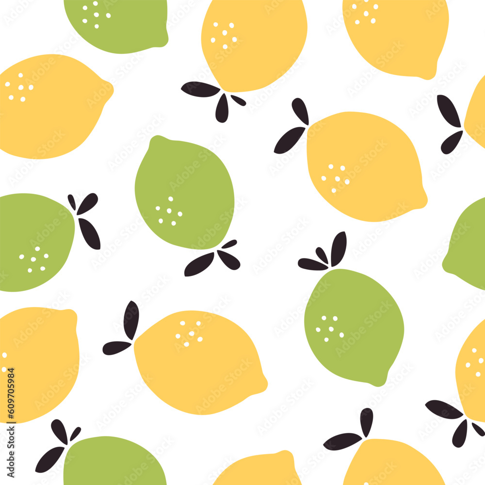 Cute summer background with lemon and lime. Citrus fruits seamless pattern. Vector illustration ...
