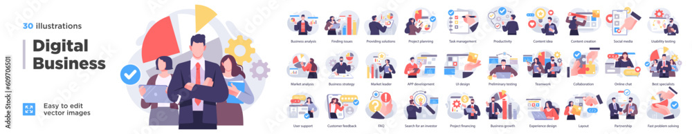 Digital Business Concept illustrations. Mega set. Collection of scenes with men and women taking ...