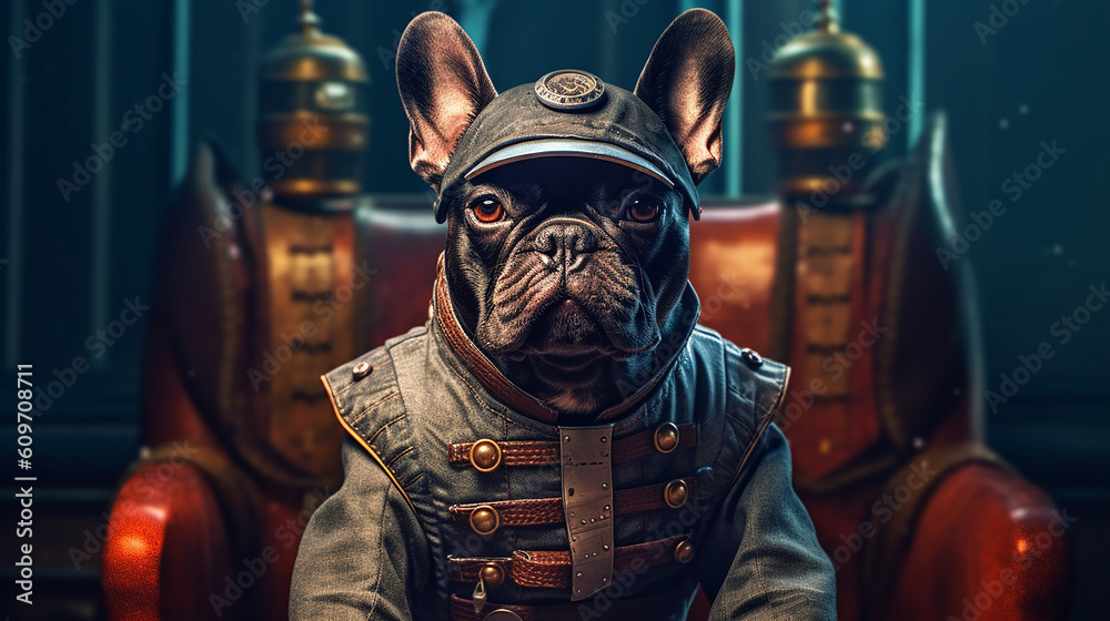 Generative AI. A gentleman French Bulldog, wearing a steampunk suit ...