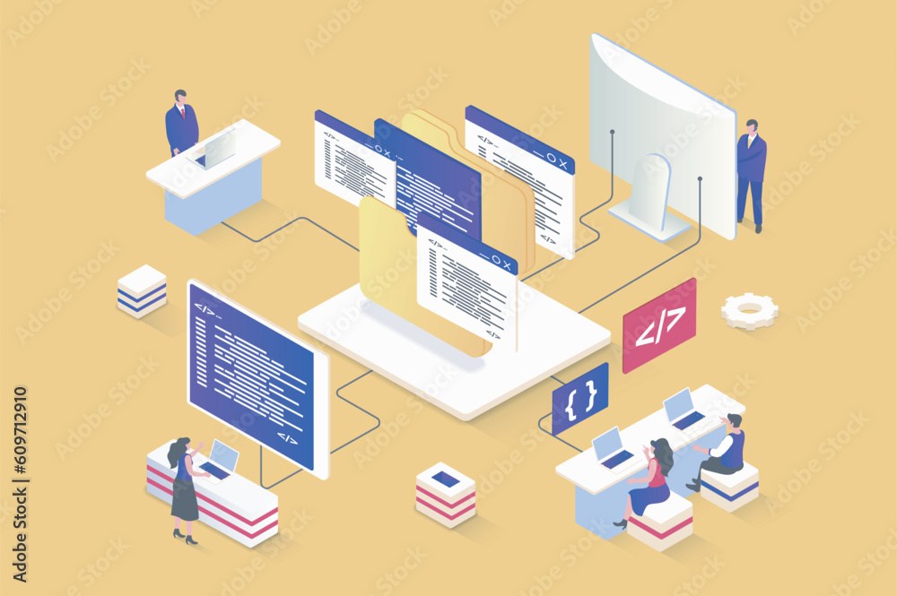 Web development concept in 3d isometric design. Designers prototyping ...