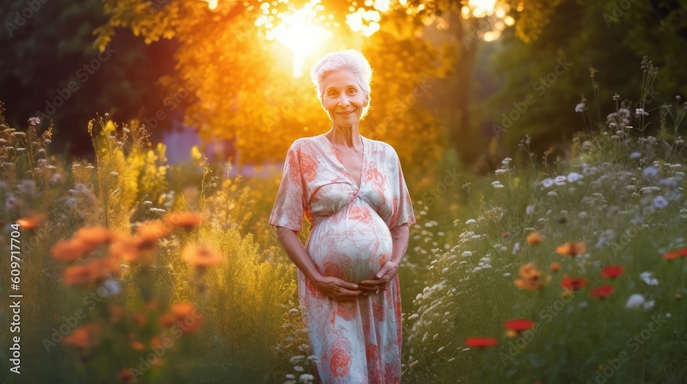 Happy smiling pregnant old woman walking in green park, geriatric ...