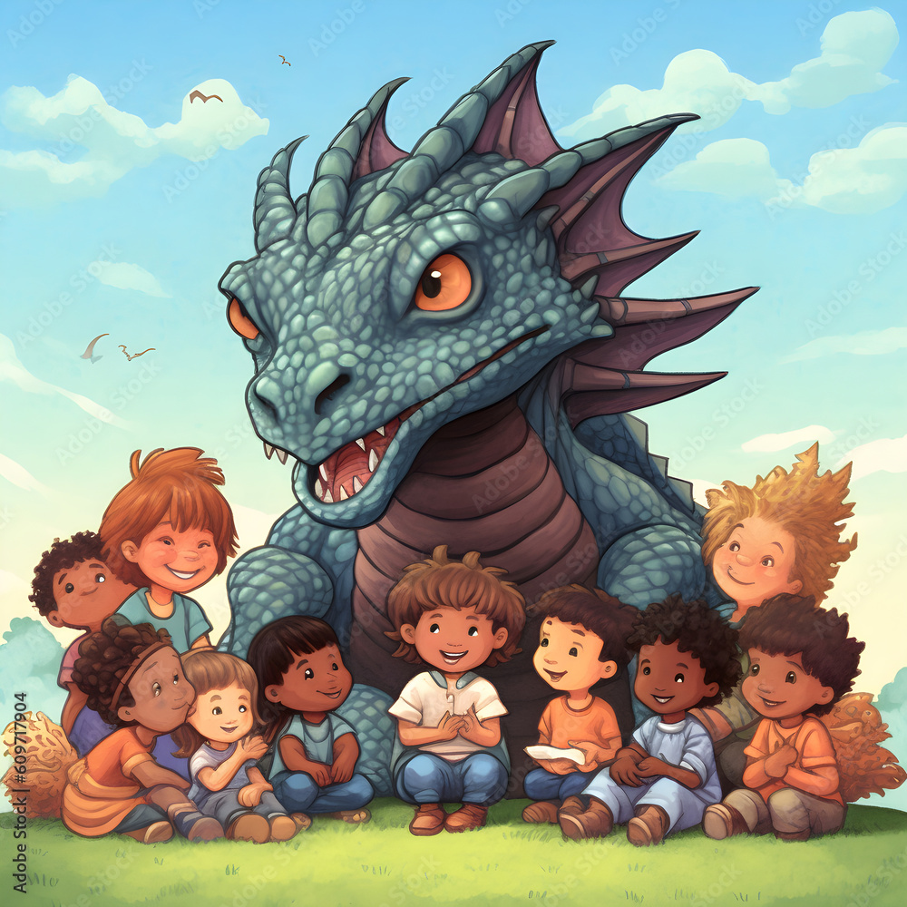 cartoon scene with happy children playing with a dragon - illustration ...
