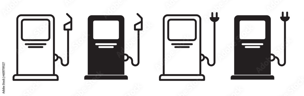 Gas pump icon set. Petrol, gasoline, and diesel fuel station pictogram ...