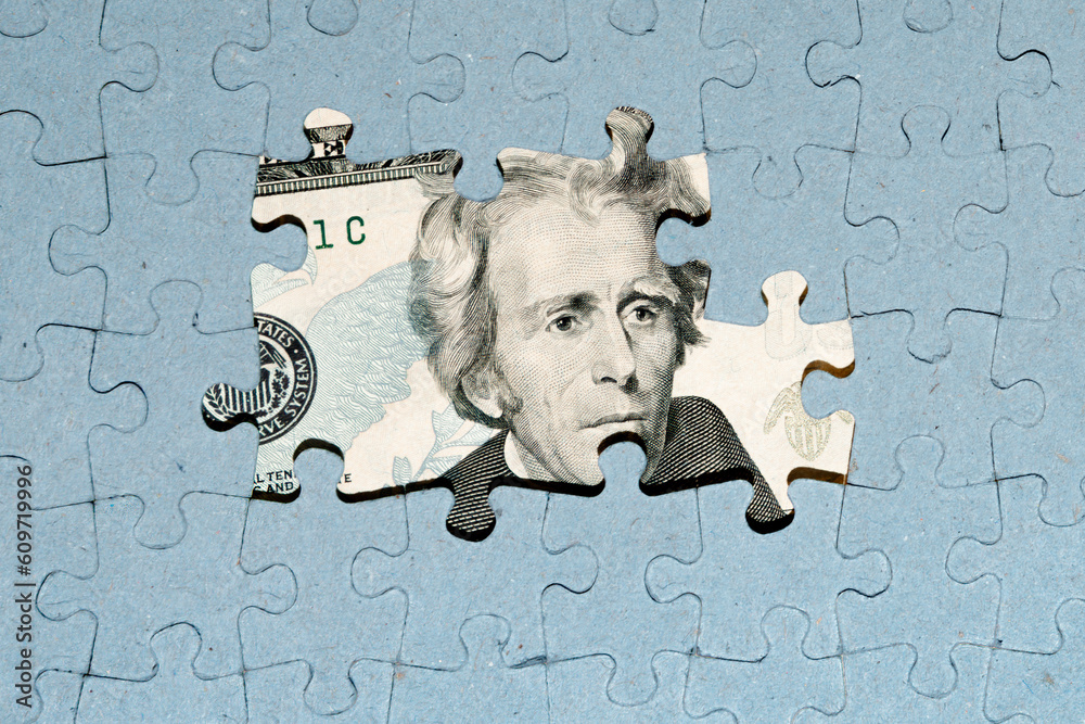 US dollar banknote under unfinished puzzle, bank crisis concept, US ...