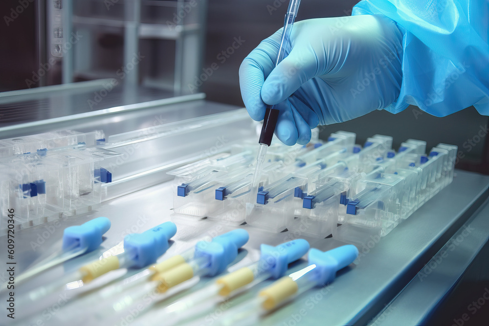 Doctor hand holds a sample with a test tube. The process of ...