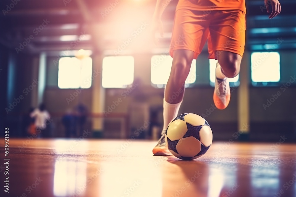 Football futsal player, ball, futsal floor. Sports background. Indoor ...