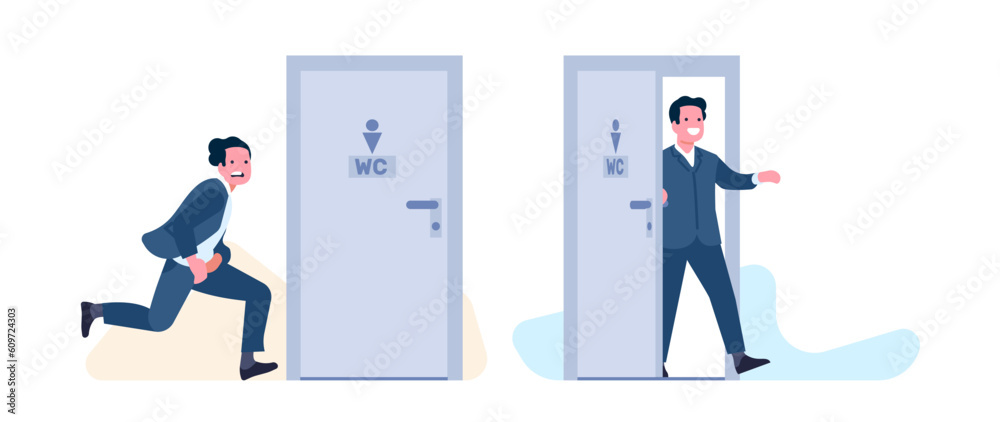 Man with diarrhea runs to bathroom. Happy guy comes out of WC. People ...