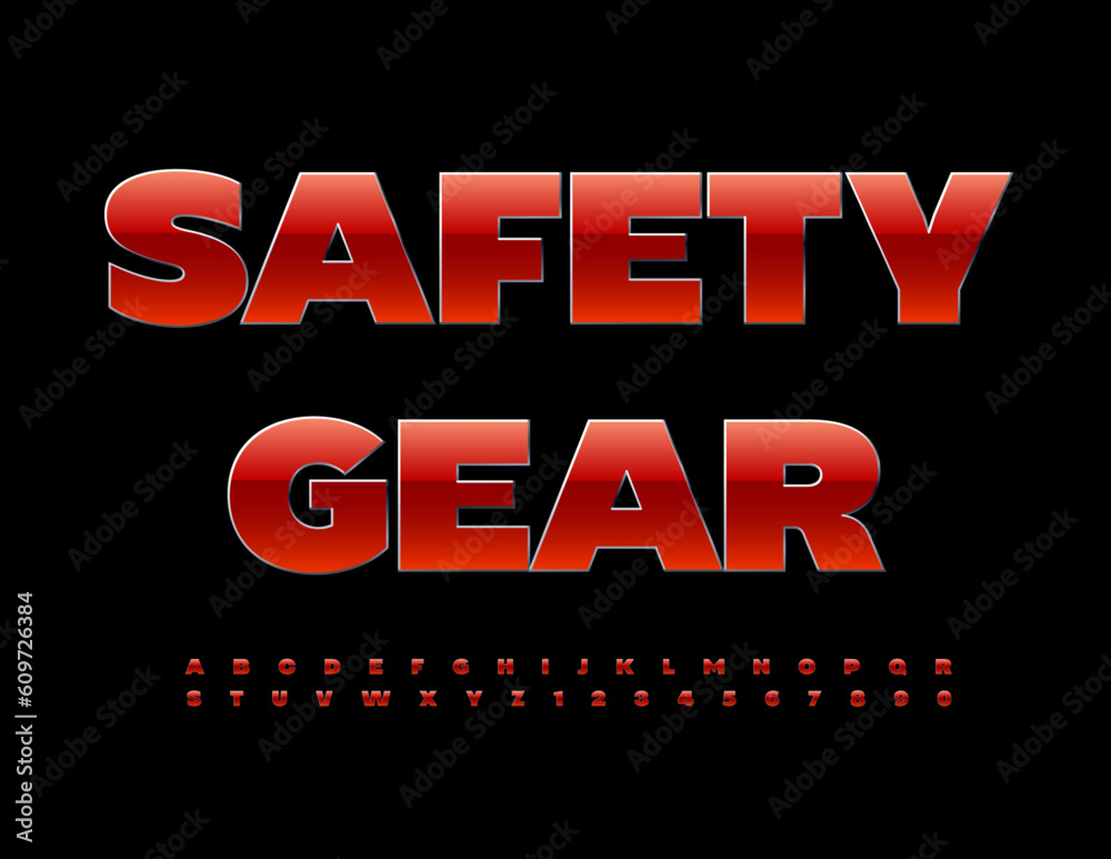 Vector industrial emblem Safety Gear. Shiny Red Font. Bright set of ...