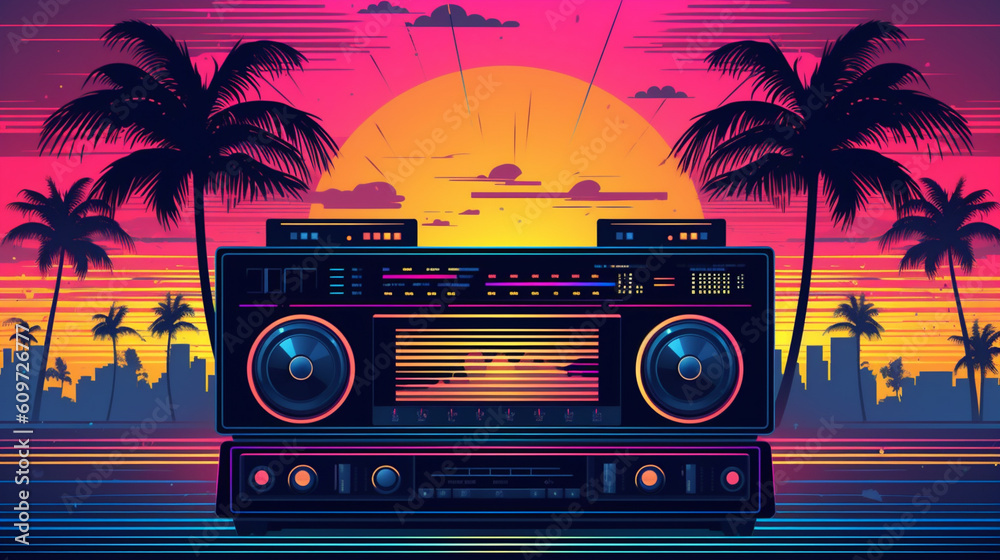 Retrowave Retro Radio Musikbox mit Palmen, City und Sonnenuntergang ...