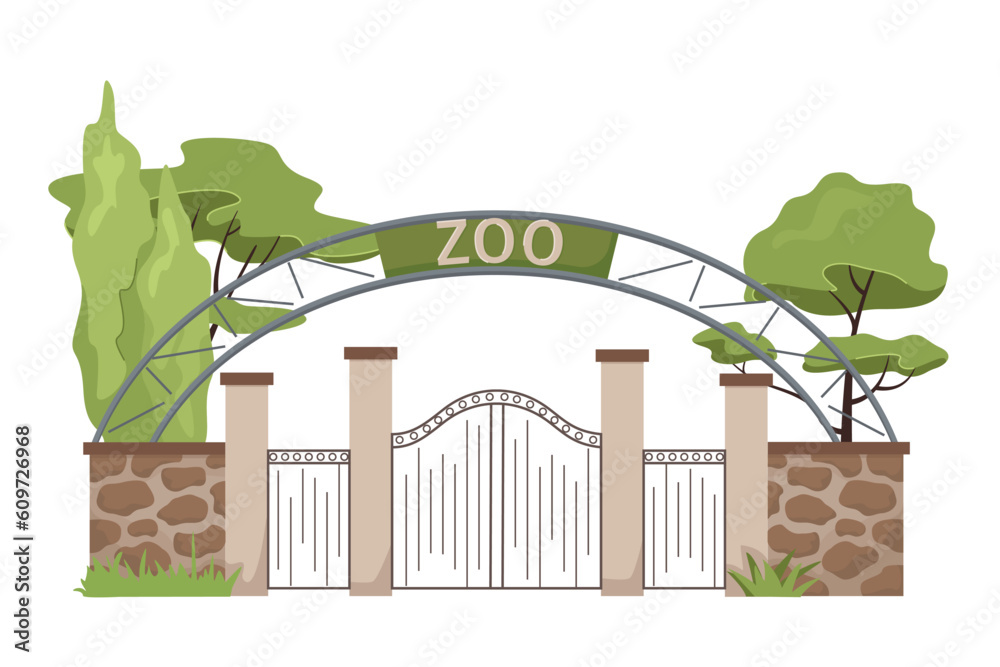 Zoo entrance. Cartoon zoological garden outdoor wild animals park with ...