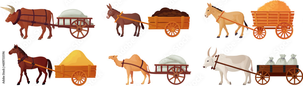 Draft animals cart. Yoke oxen pulling carts, village horse farm power ...