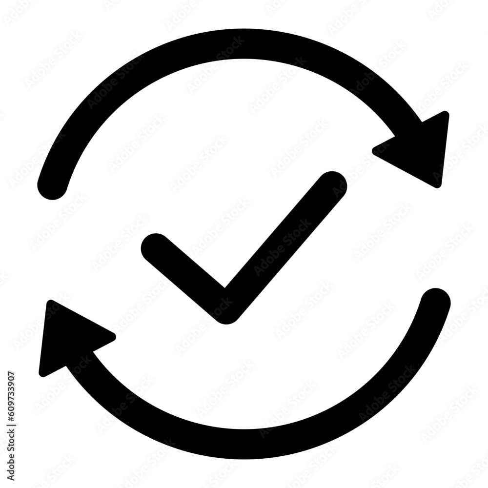Black round checking process sync approved icon, simple turning arrows ...