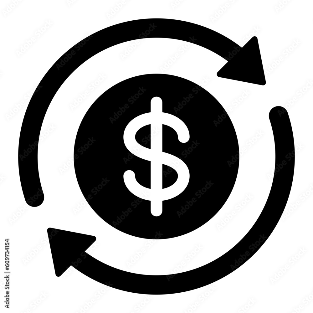 Black round money transfer icon, simple arrow financial usd dollar mark ...