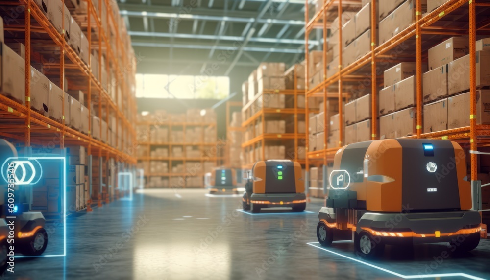 Automated Retail Warehouse AGV Robots with Infographics Delivering ...