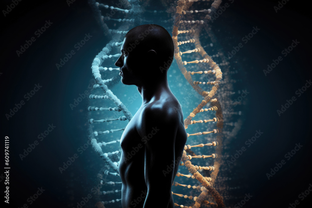 Human body silhouette and DNA helix. Biotechnologies and human genomic ...