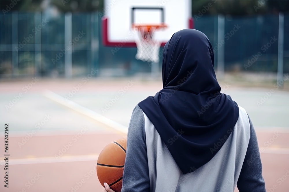 Back view muslim woman in hijab with basketball ball on court ...