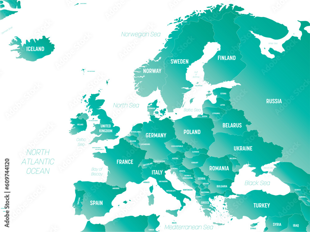 Europe - high detailed political map of european continent with country ...