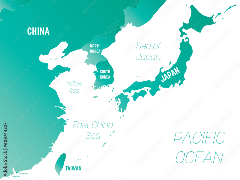 East Asia - high detailed political map of eastern region with country ...