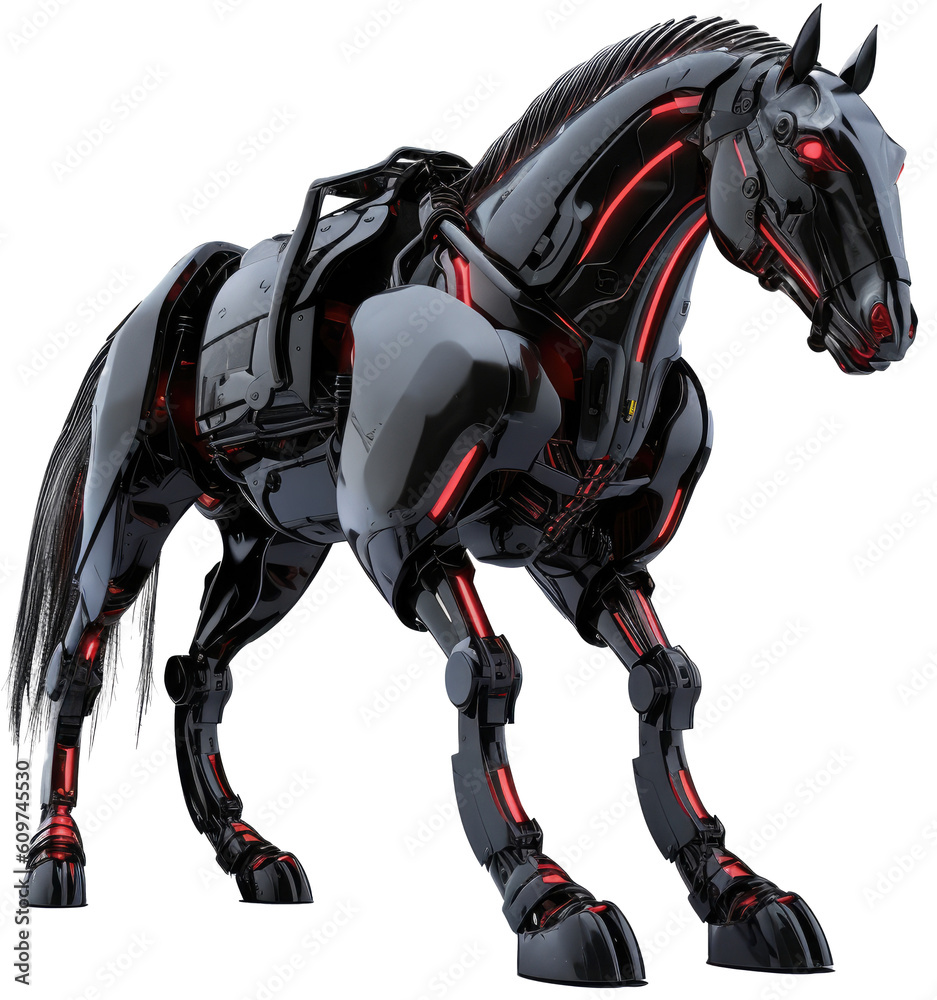 Black robotic horse with glowing red eyes in steampunk style as ...