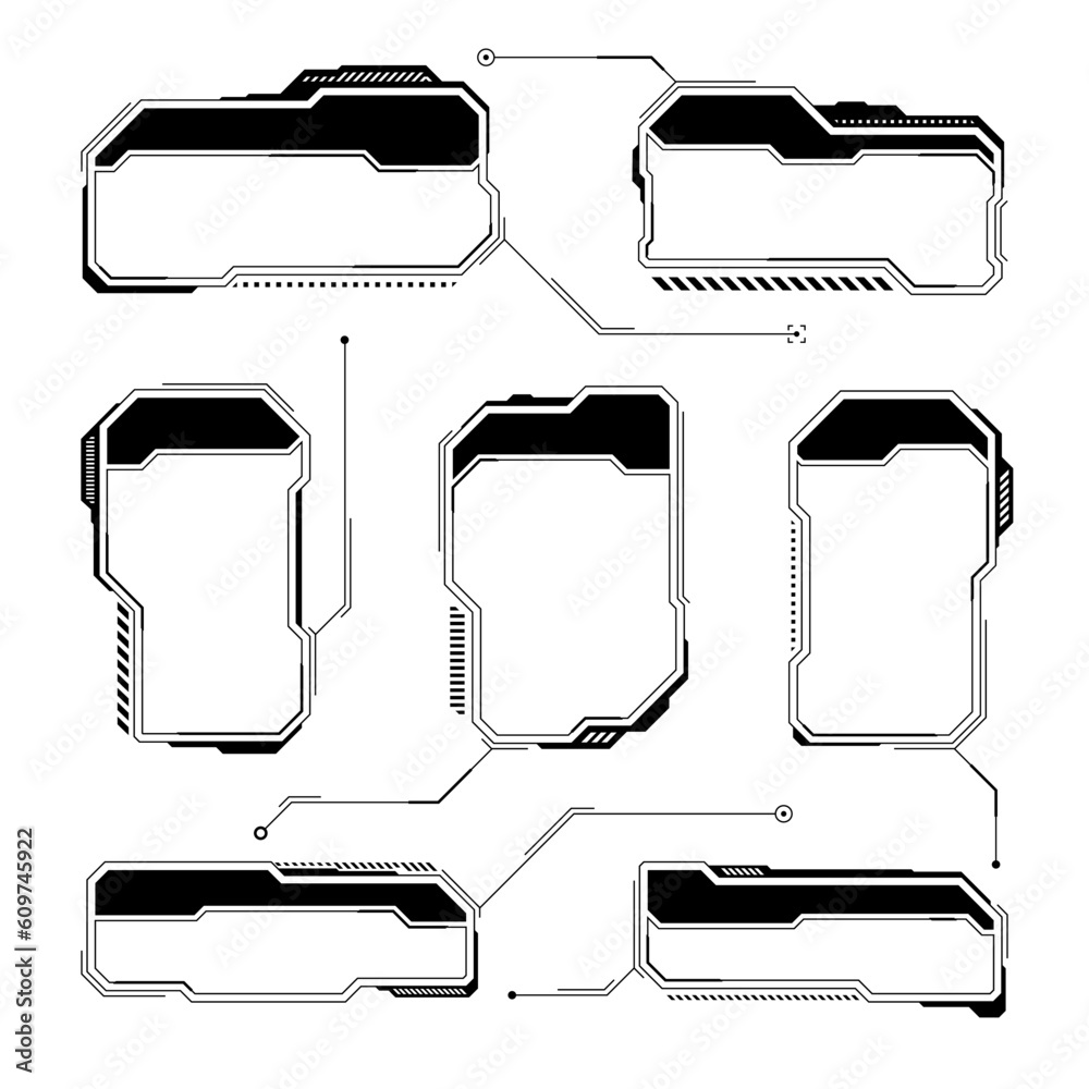 Black futuristic HUD or UI elements. Sci-fi user interface text boxes ...