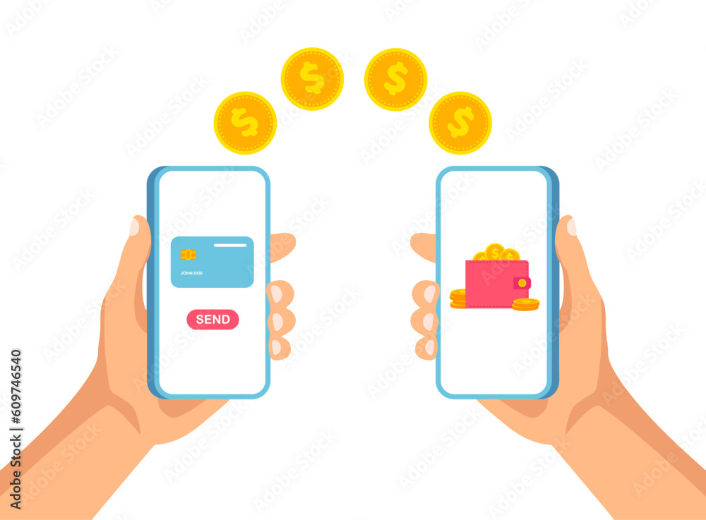 Mobile money transfer. Online payment between two smartphones. Banking ...