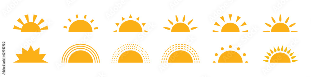 Yellow half sun icons set in flat style. Sunset simple graphic symbols ...