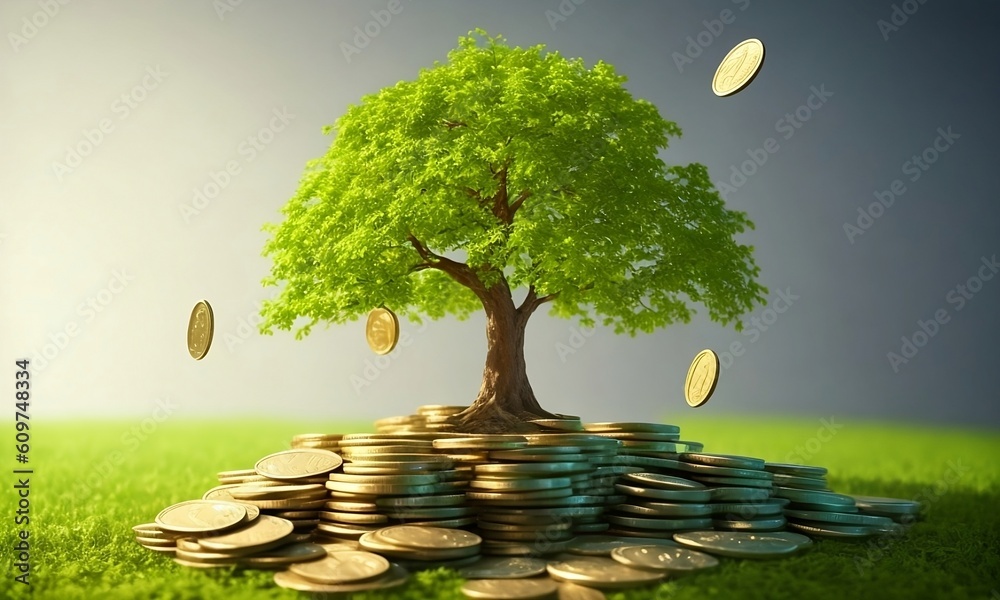 the tree grows on the pile saving, planting a tree on a pile of money ...