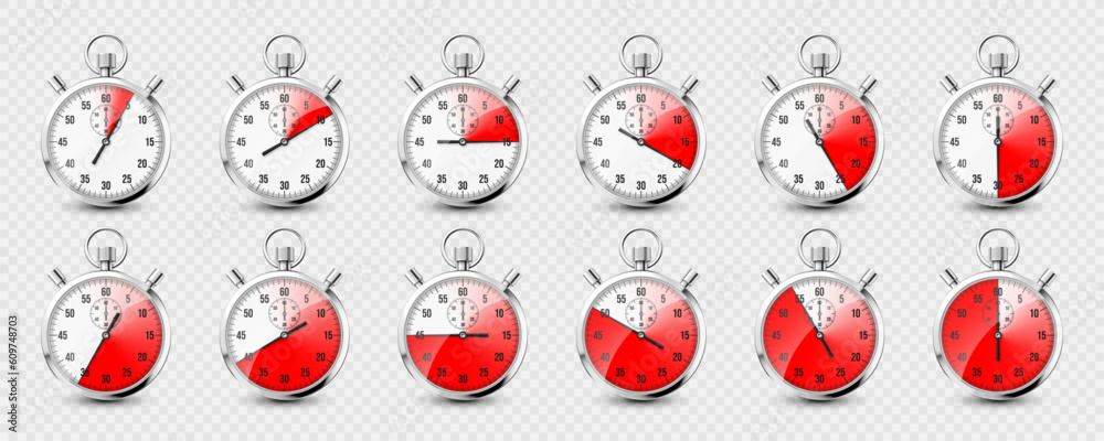 Realistic classic stopwatch icons. Shiny metal chronometer, time ...