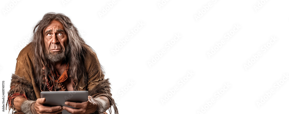 Ancient man working on laptop on a white background, copyspace ...