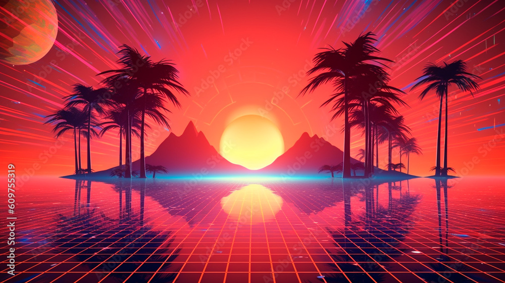 3d sunset on the beach. Retro palms sci fi background with ocean. Sun ...