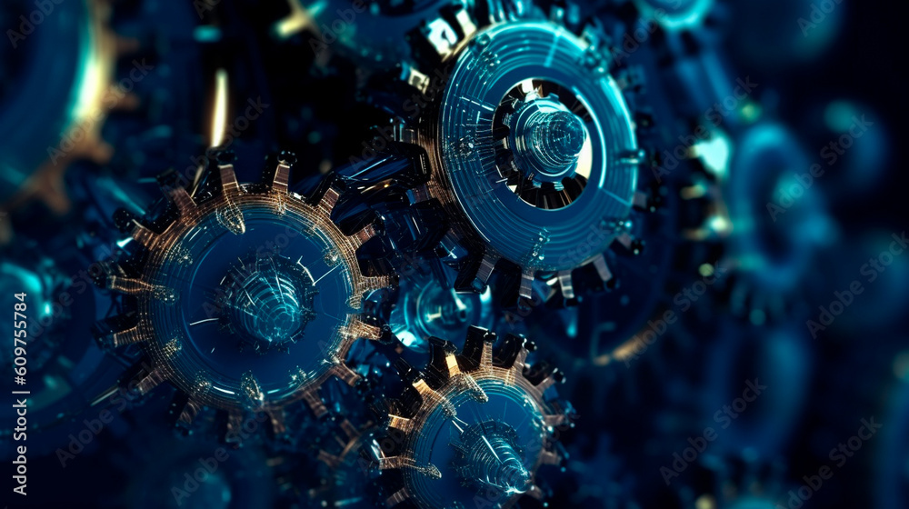 Abstract 3D gears on dark background. Concept of gear mechanics and cog ...