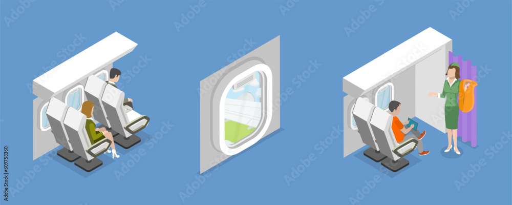 3D Isometric Flat Vector Set of Airplane Items and Scenes, Inside ...