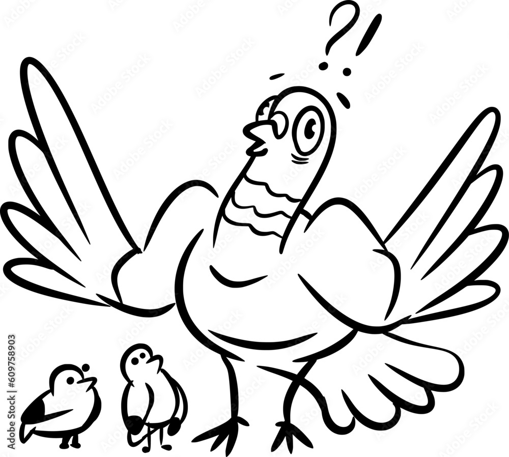 Vector drawing of surprised pigeon, dove and two tiny sparrow. Black ...