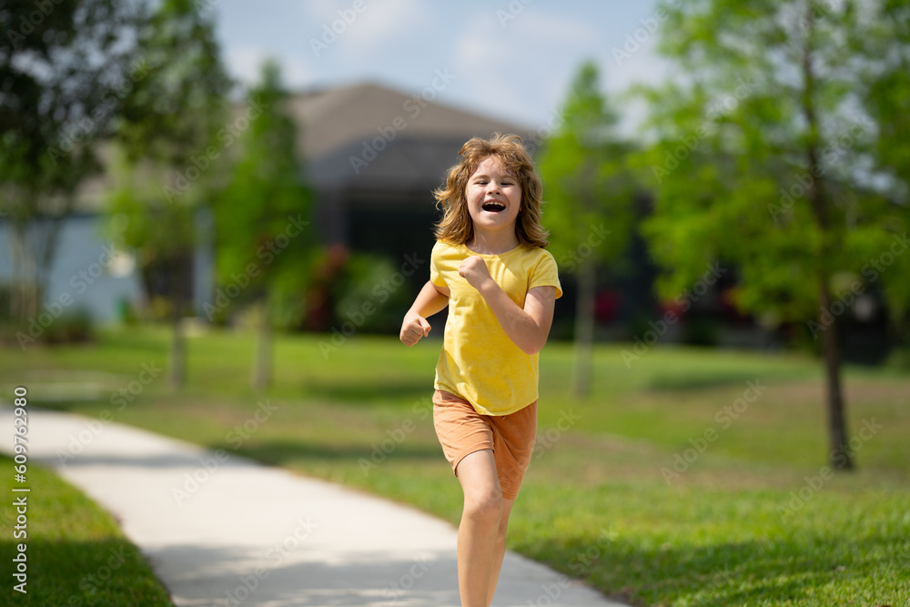 Excited Kid running in street. Amazed child enjoy run. Happy little boy ...