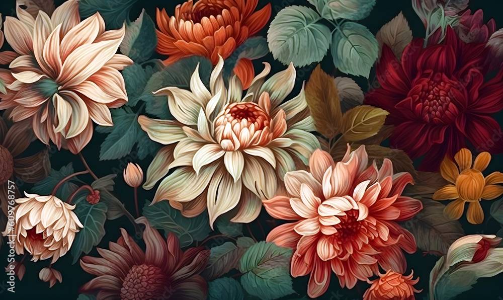 Realistic fantastic vintage large flowers background created with ...