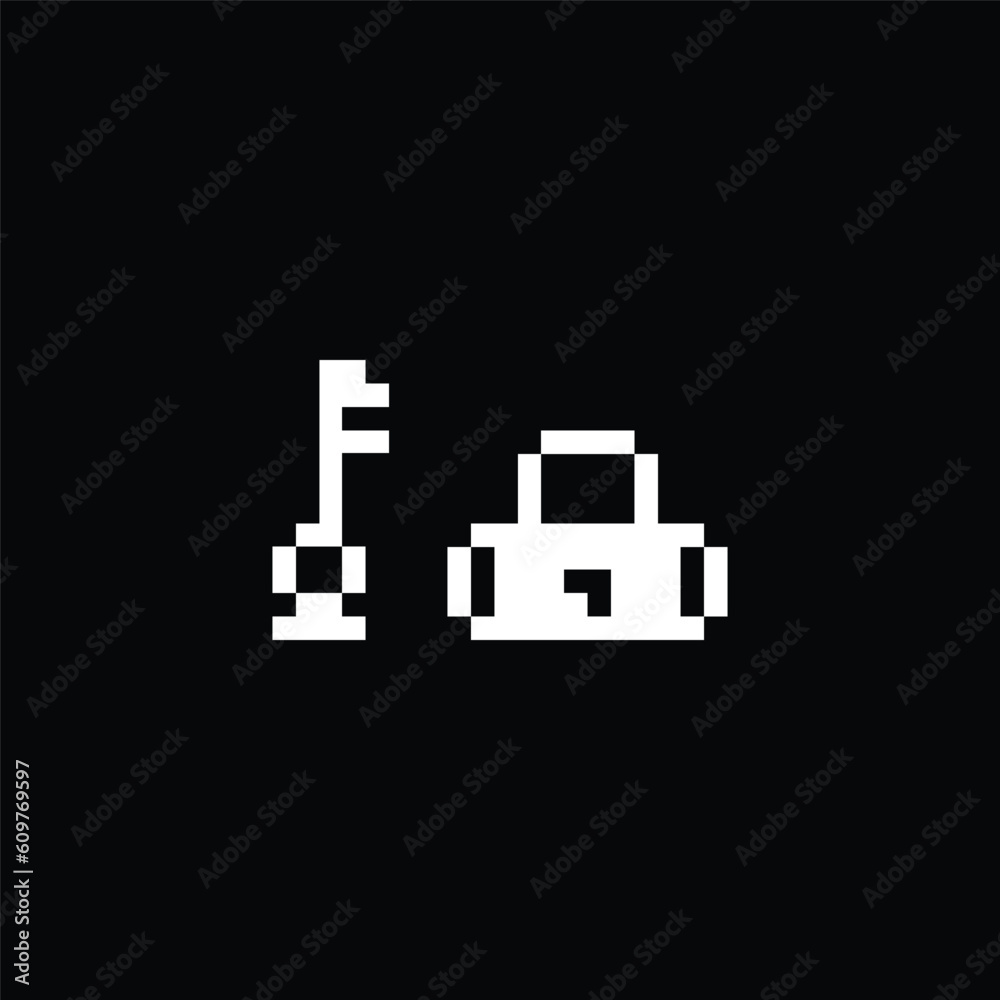 this is lock and key icon 1 bit style in pixel art with white color ...