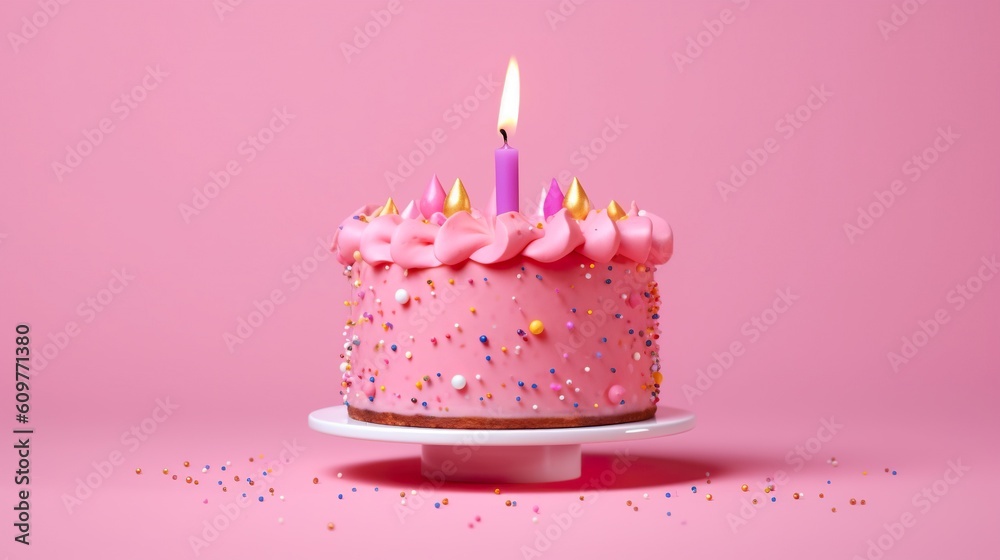 Birthday cake with one candle on pink background. Generative AI Stock ...