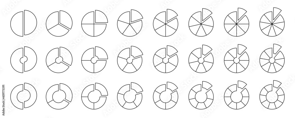 Donut and pie chart with cut slices. Wheel and circle diagrams with set ...