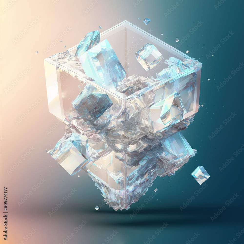 Modern digital abstract art of glassy geometric transparent cubic shape ...