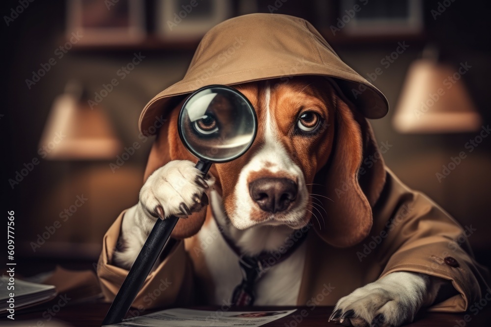 A dog with a magnifying glass dressed as a detective. Investigation ...