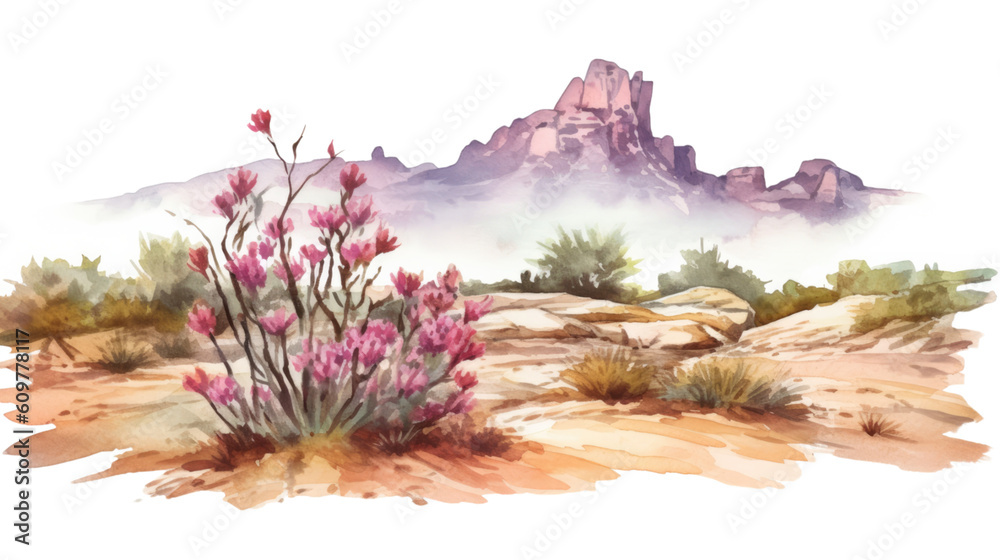 desert landscape with desert rose flowers in watercolor style, isolated ...