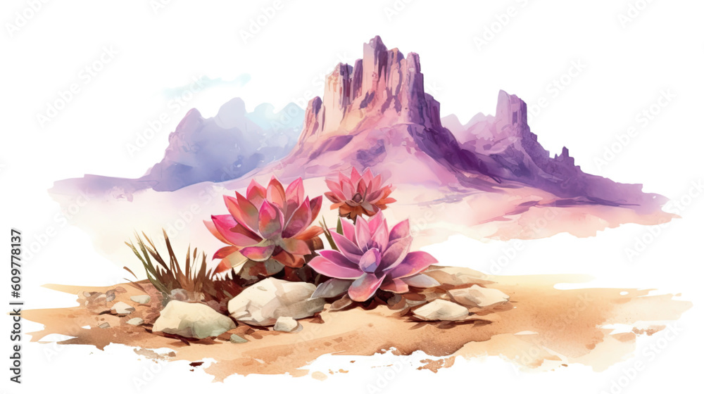 desert landscape with desert rose flowers in watercolor style, isolated ...