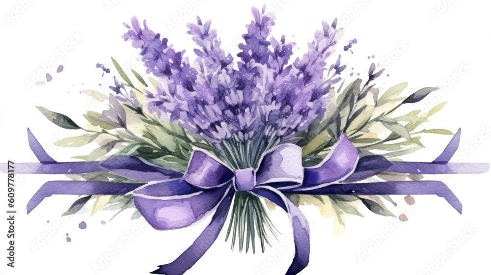 lavender bouquet with ribbon and label in watercolor style, isolated on ...